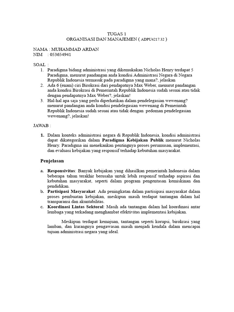 Tugas 1 Organisasi Dan Manajemen | PDF