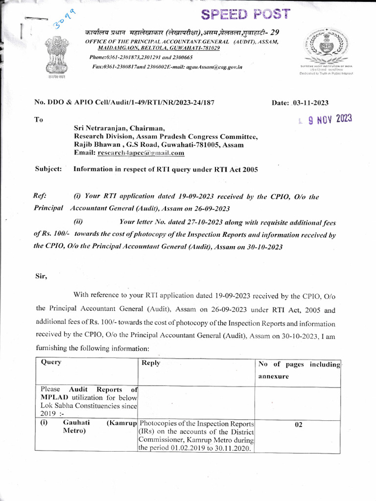 CAG RTI Response | PDF | Projects | Government Of India