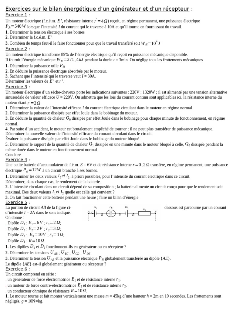 Exercices sur le bilan énergétique électrique | PDF | Résistance ...