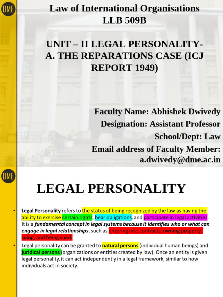 Unit - II Legal Personality-A. The Reparations Case (ICJ Report 1949 ...
