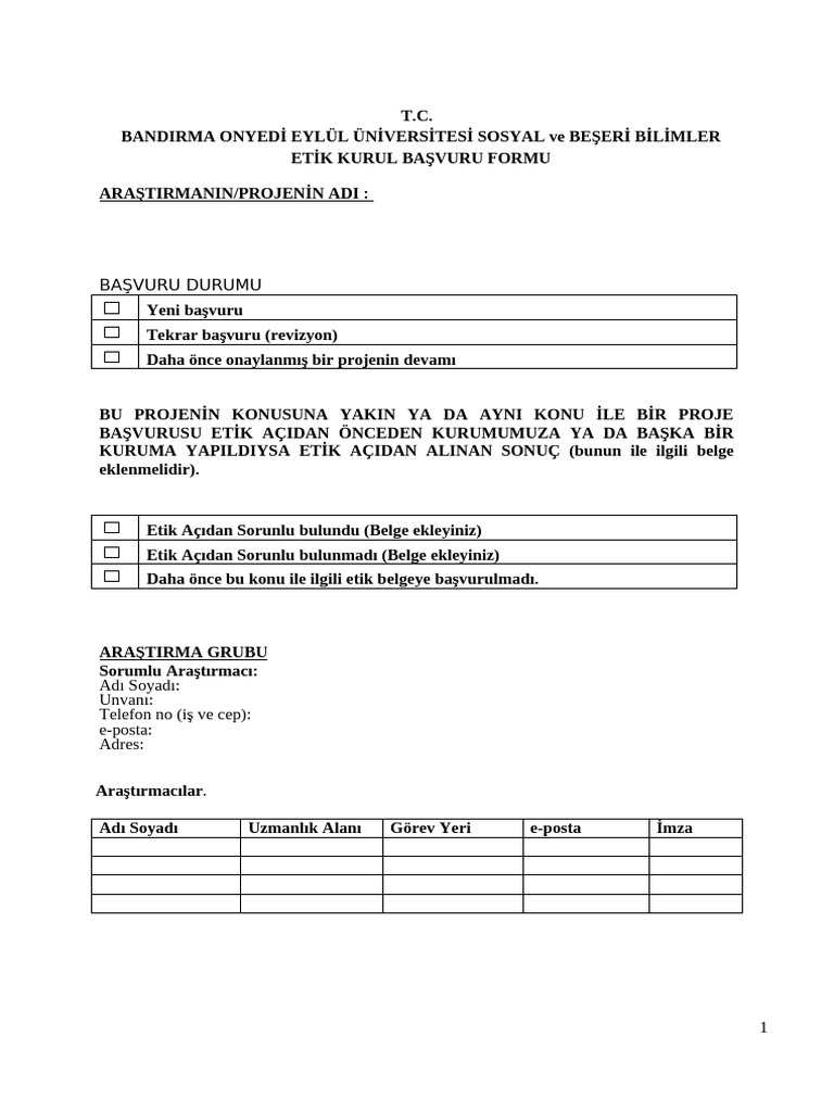 Etik Kurul Basvuru Formu | PDF