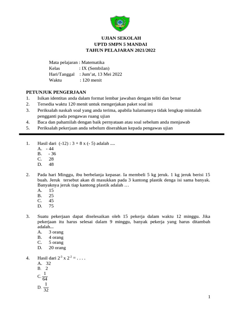 SOAL US MATEMATIKA 2022 H.Rahman | PDF | Metode & Bahan Ajar | Seni