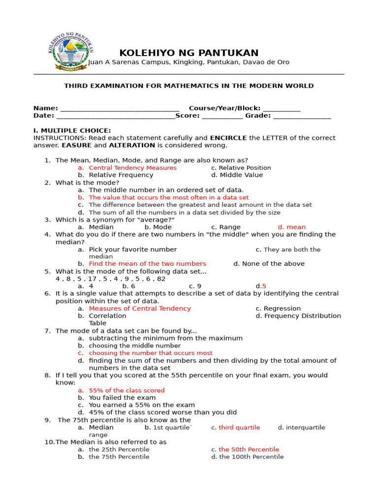 GE 103 THIRD EXAM Answer Key | PDF | Percentile | Median