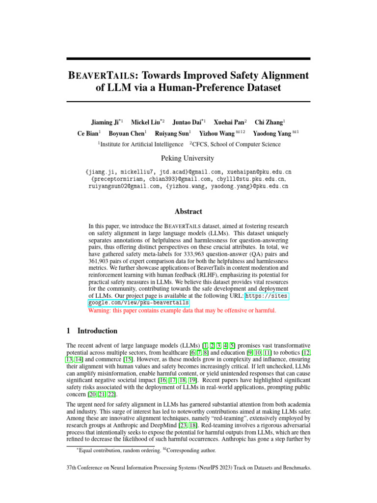 Beavertails Towards Improved Safety Alignment of LLM Via A Human ...