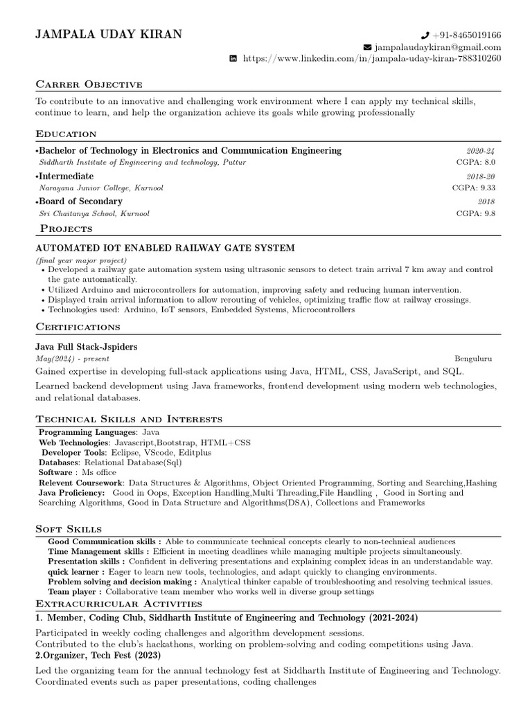 Uday Fresher Java Full Stack Developer Pdf Computer Programming 5541