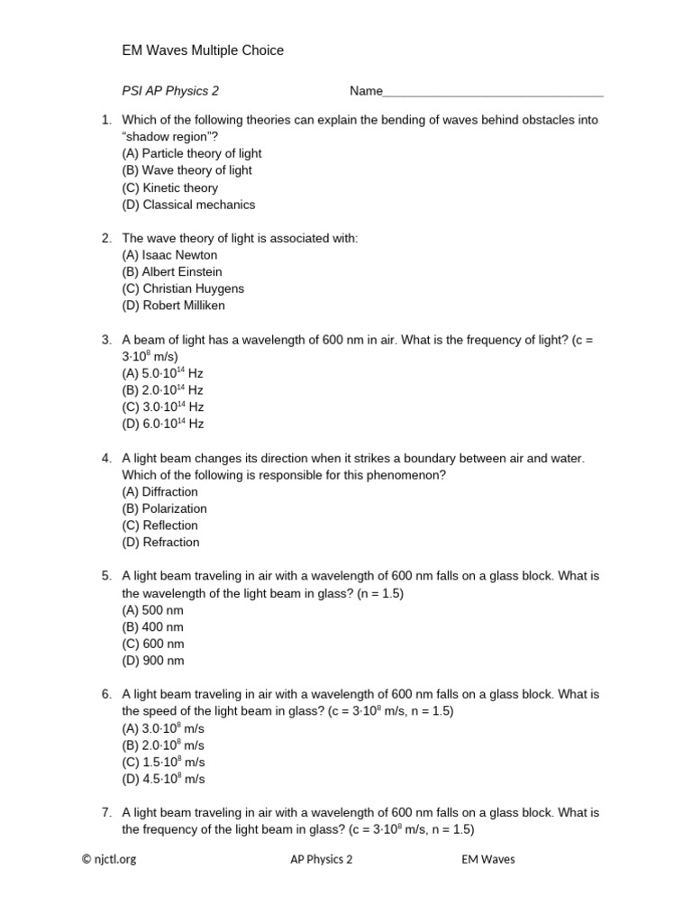 Electromagnetic Waves Multiple Choice 2015 08 18 | PDF | Light ...