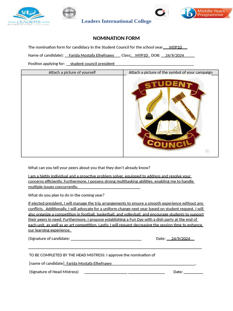Student Council Nomination Form 2024 | PDF
