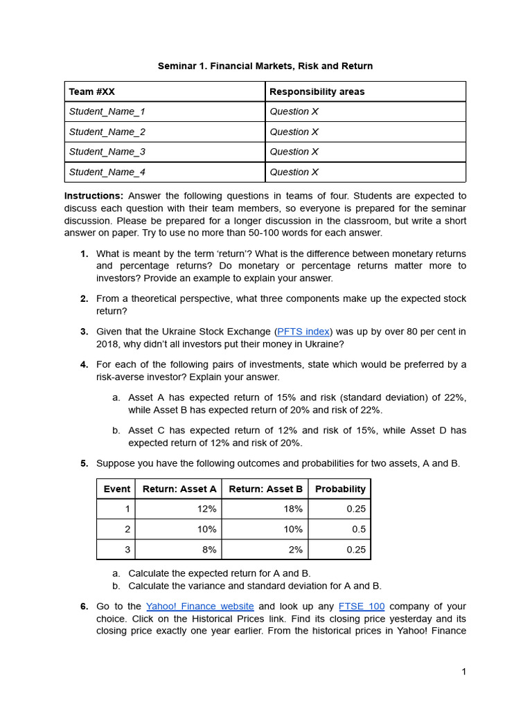 KSE CorpFin - S1. Financial Markets, Risk and Return | PDF | Risk ...