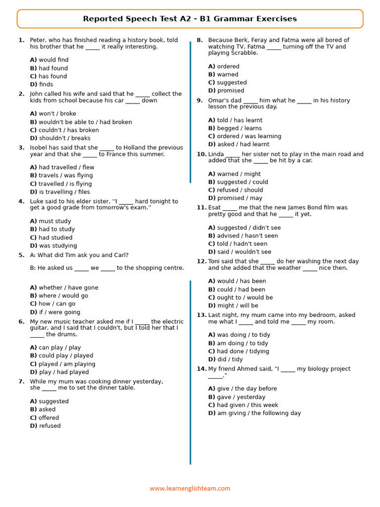 Reported Speech Test A2 b1 Grammar Exercises | PDF | Traffic | Traffic ...