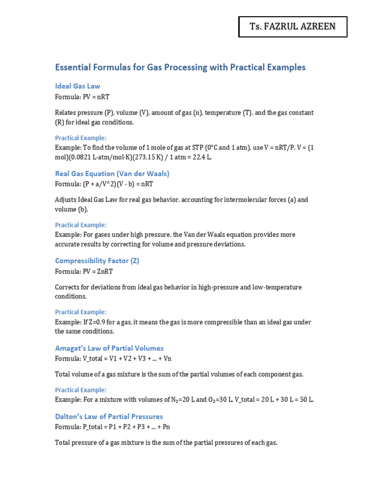 Essential Formulas in Gas Processing | PDF | Gases | Fluid Dynamics