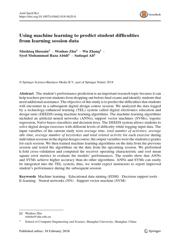 Using Machine Learning To Predict Student Difficulties From Learning Session Data | PDF ...