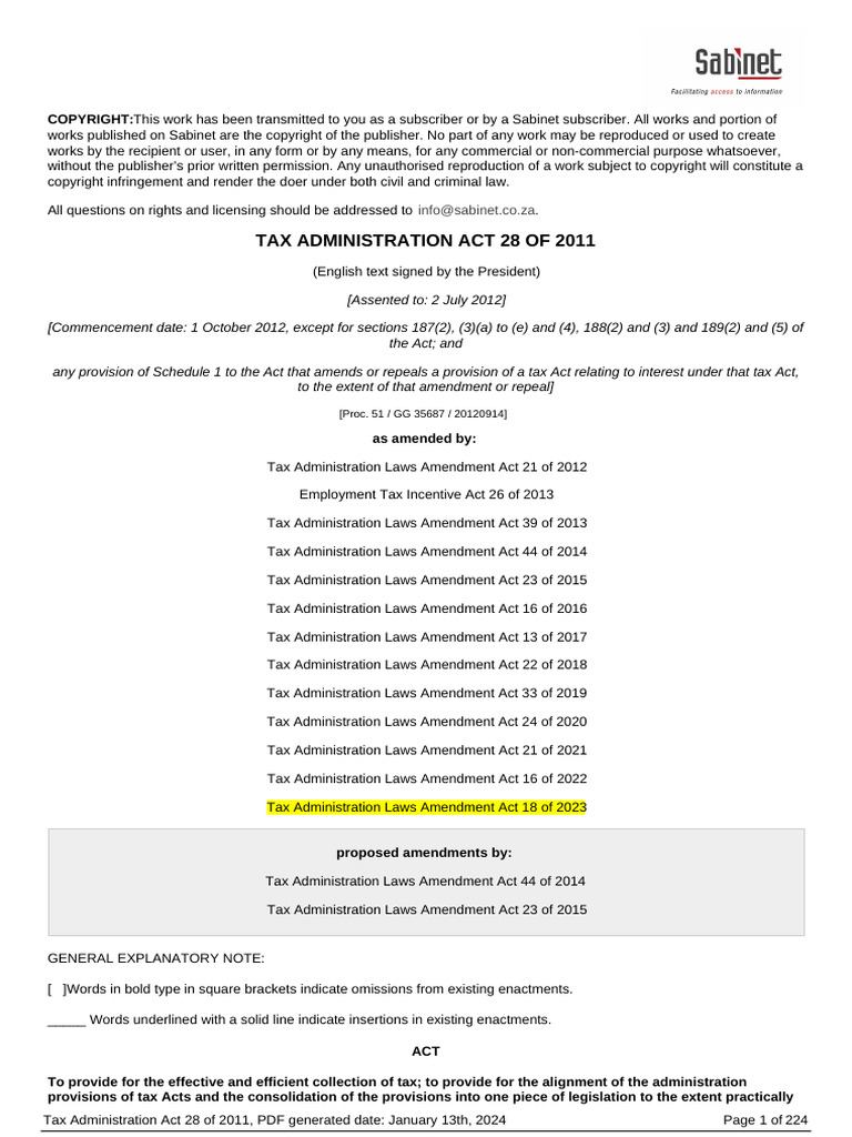 Tax Administration Act 28 of 2011 | PDF | United States Tax Court | Taxes