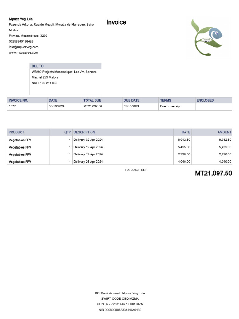 Invoice for WBHO Projects Mozambique | PDF
