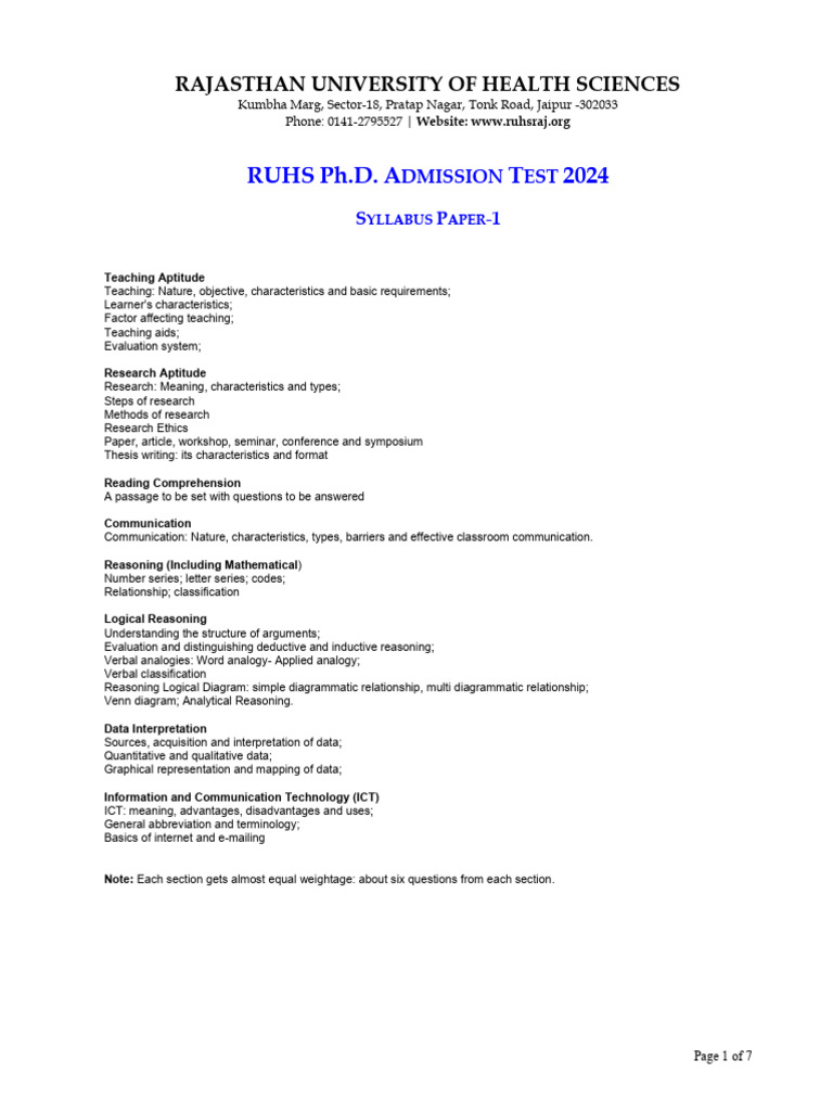 RUHS Ph.D. Admission Test 2024 Syllabus | PDF | Human Body | Proteins