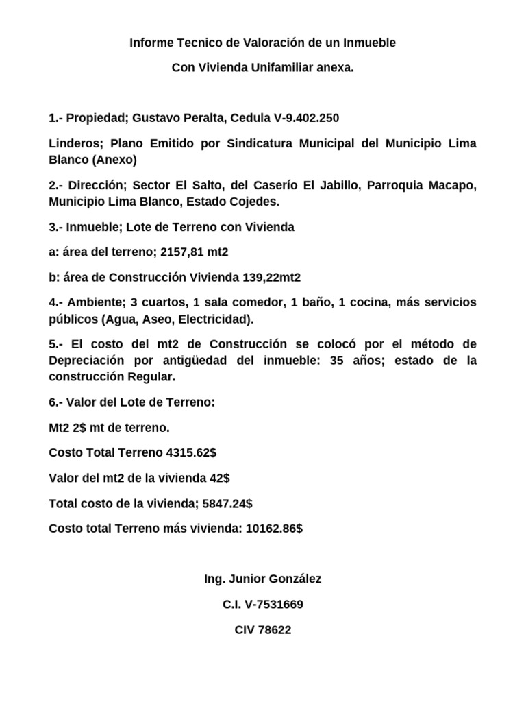 Informe Tecnico de Valoración de Un Inmueble JUNIOR Gonzalez | PDF
