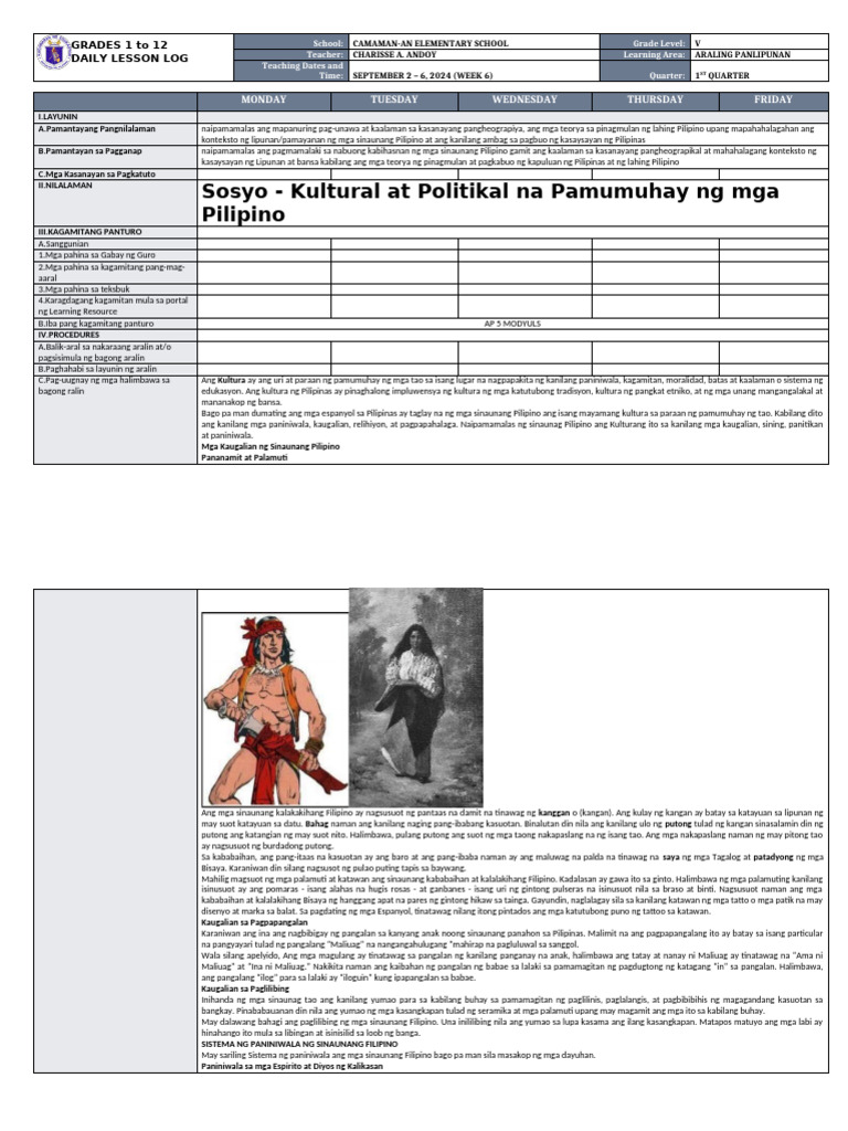 DLL - Araling Panlipunan 5 - Q1 - W6 - Mendel | PDF