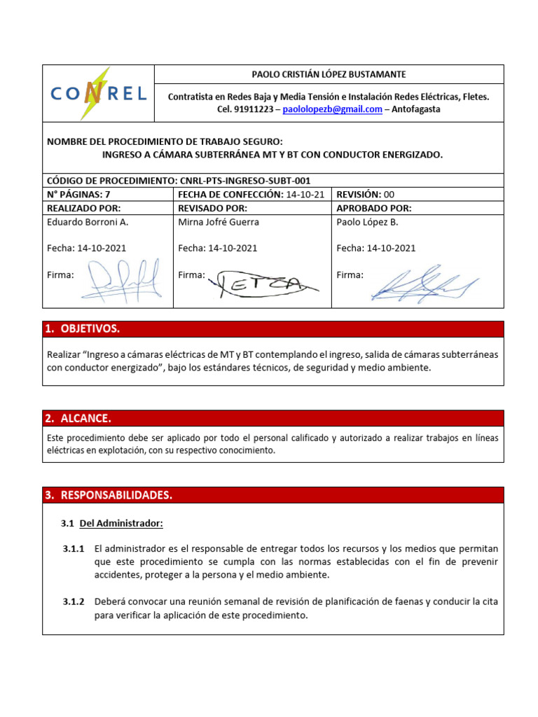 Cnrl-Pts-Ingreso-Subt-Oo1 Ingreso A Cámara Subterránea MT y BT Con Conductor Energizado | PDF