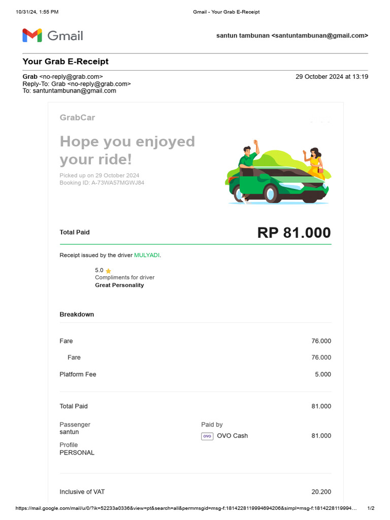 GrabCar E-Receipt for Trip A-73WA57MGWJ84 | PDF