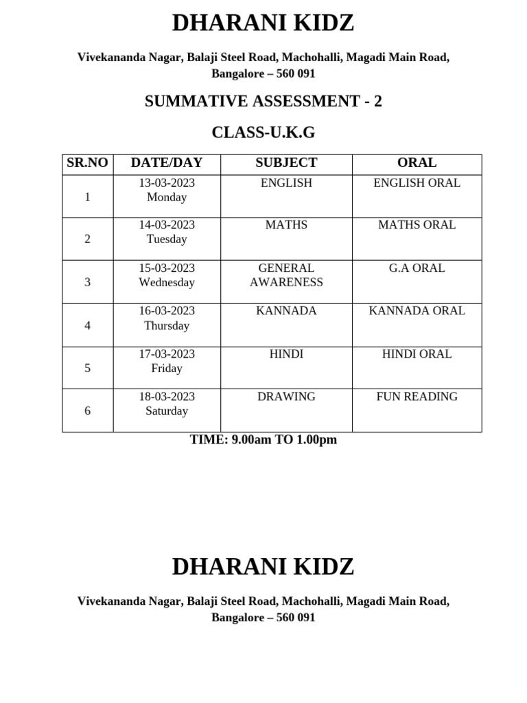 Ukg Time Table | PDF