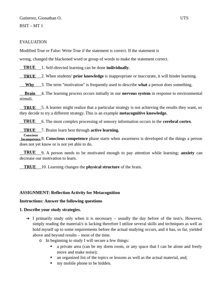 UTS Finals Assignment | PDF | Learning | Metacognition
