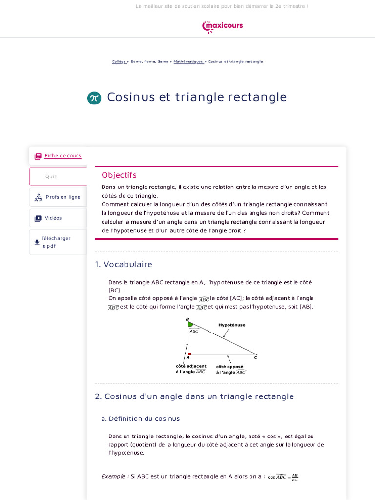 Cosinus Et Triangle Rectangle - Maxicours | PDF | Fonction ...