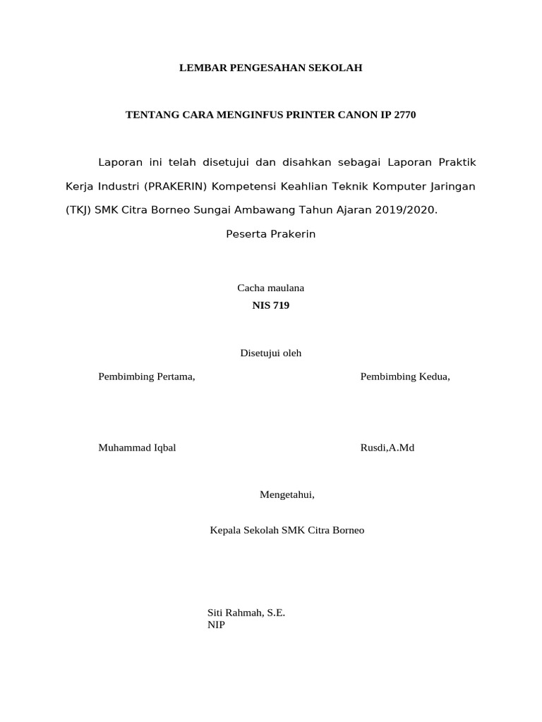 Lembar Pengesahan Sekolah 2 Caca | PDF