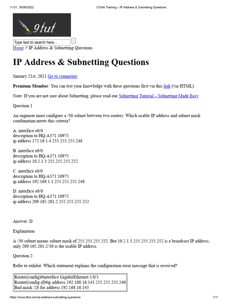 CCNA Training IP Address & Subnetting Questions | PDF | Ip Address | Internet Protocols