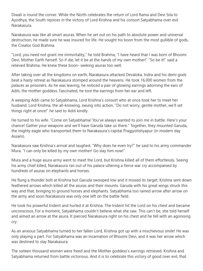 Narakasura Diwali Story | PDF | Hindu Gods | Hindu Mythology