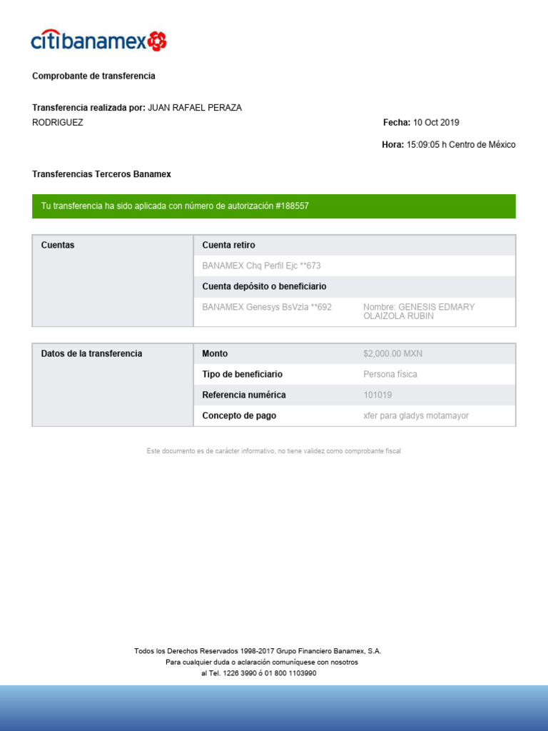 Comprobante Transferencia Banamex 2000 Genesis Edmary - Compress | PDF