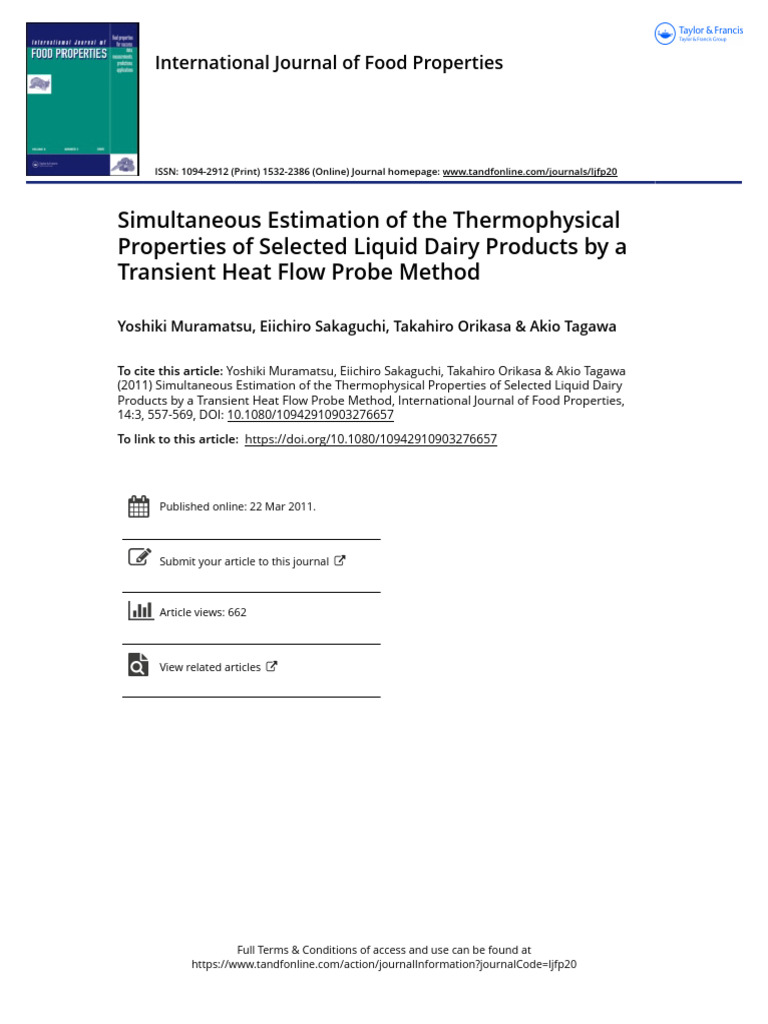 Simultaneous Estimation of The Thermophysical Properties of Selected Liquid Dairy Products by A ...