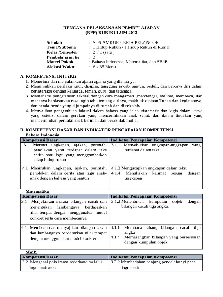 RPP Kelas 2 Tema 1 Sub Tema 1 PB 3 | PDF | Seni & Disiplin Bahasa | Kajian Bahasa Asing