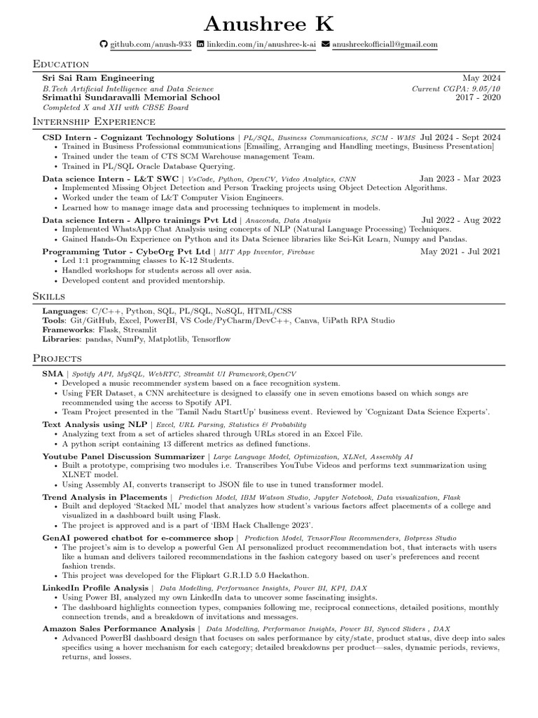 Anushree Professional Resume | PDF | Artificial Intelligence ... Anushree Professional Resume | PDF | Artificial Intelligence ...