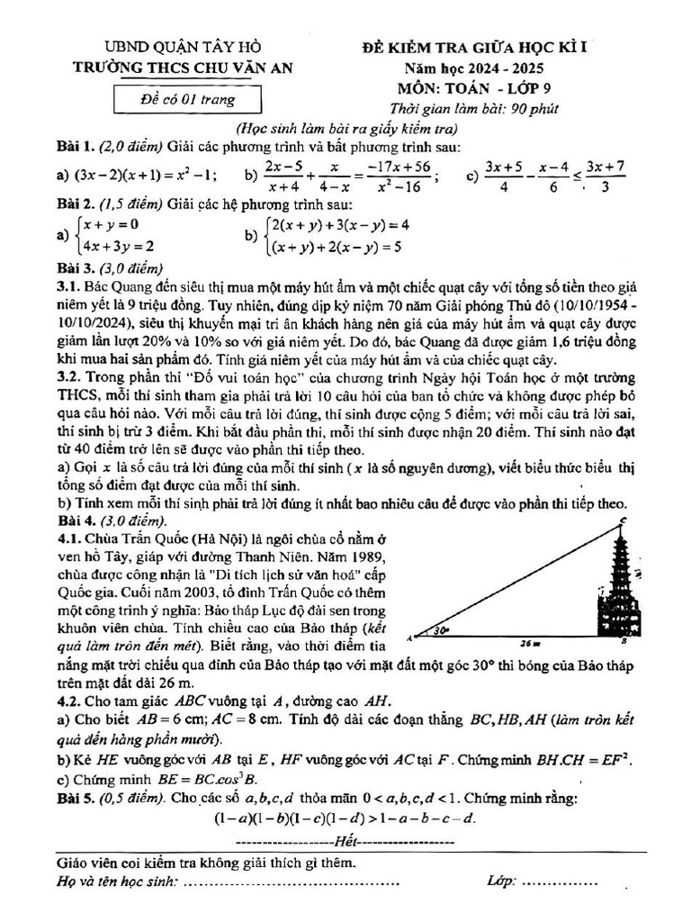 De Giua Hoc Ki 1 Toan 9 Nam 2024 2025 Truong Thcs Chu Van An Ha Noi | PDF