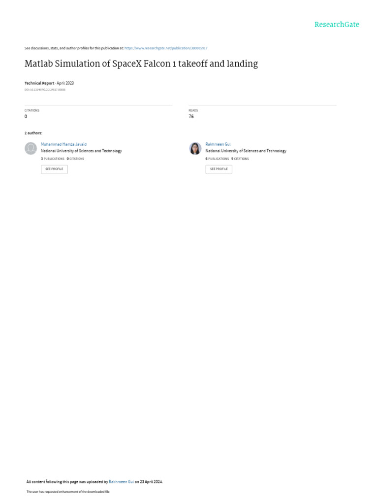 Matlab Simulationof Space XFalcon 1 Takeoffandlanding | PDF | Rocket | Flight