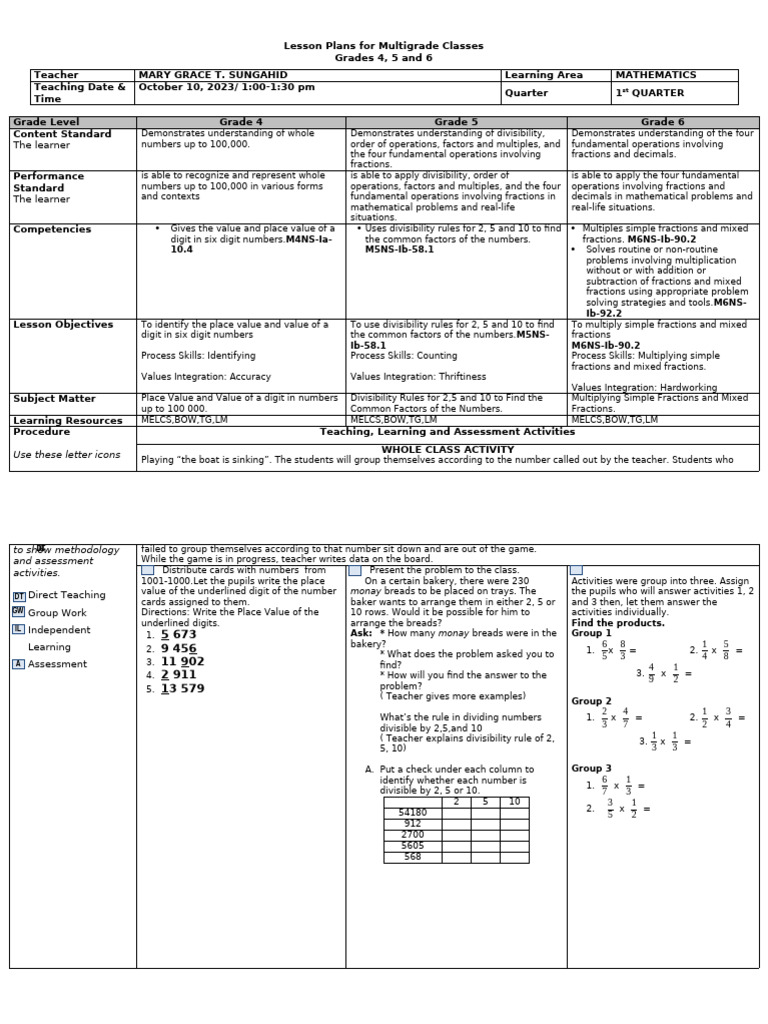Lesson Plans For Multigrade Classes | PDF | Numbers | Elementary ...