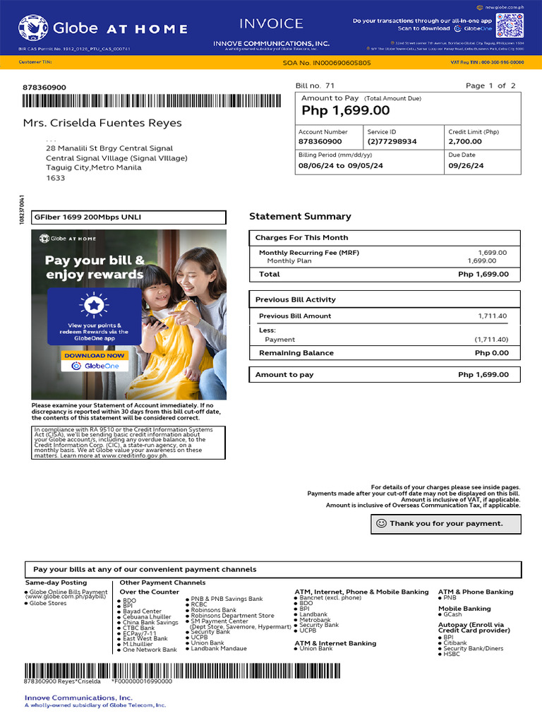 Globe Bill 878360900 | PDF | Financial Services | Service Industries