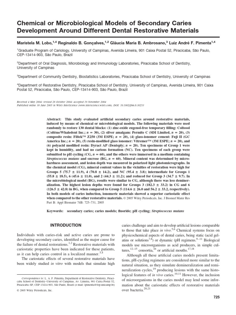 Chemical or Microbiological Models of Secondary Caries | PDF | Materials