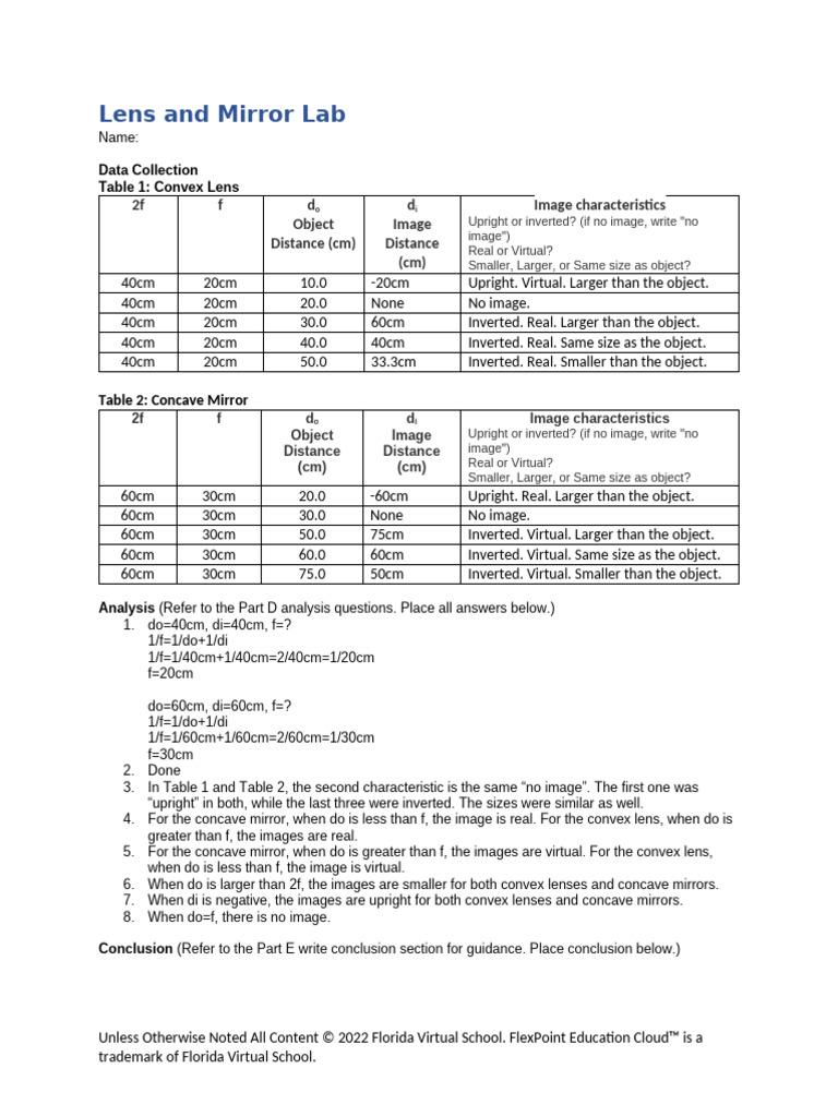 5.06 Lens and Mirrors Lab Submit | PDF | Imaging | Glass Applications