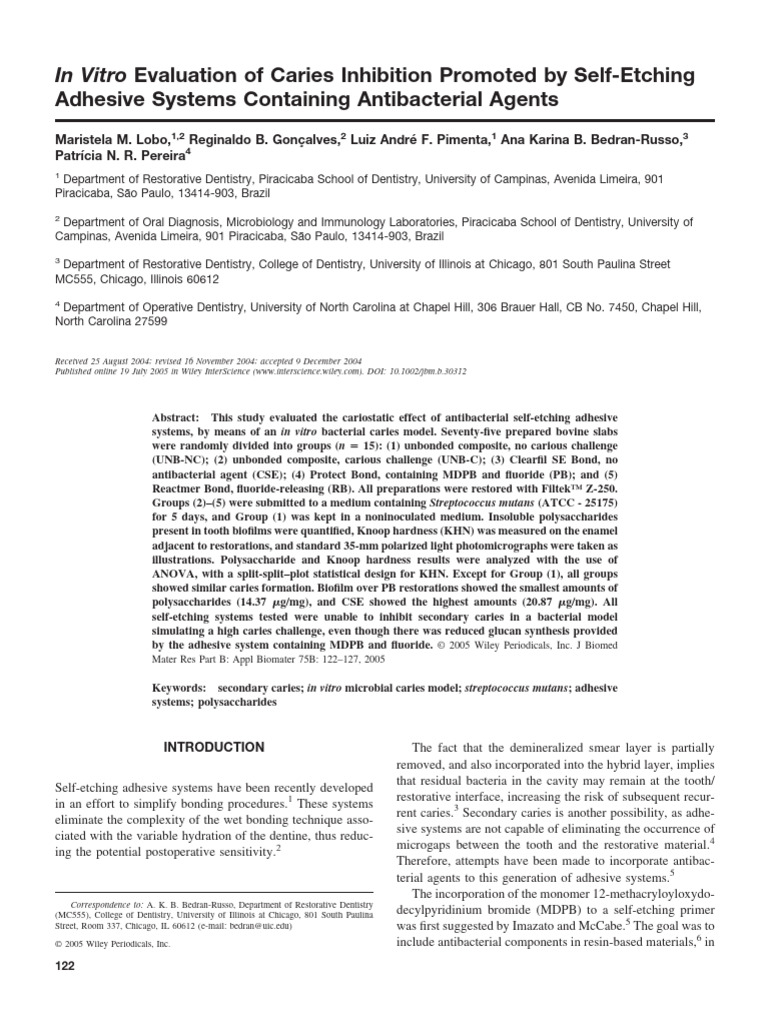 In Vitro Evaluation Of Caries Inhibition Promoted By Self Etching Pdf
