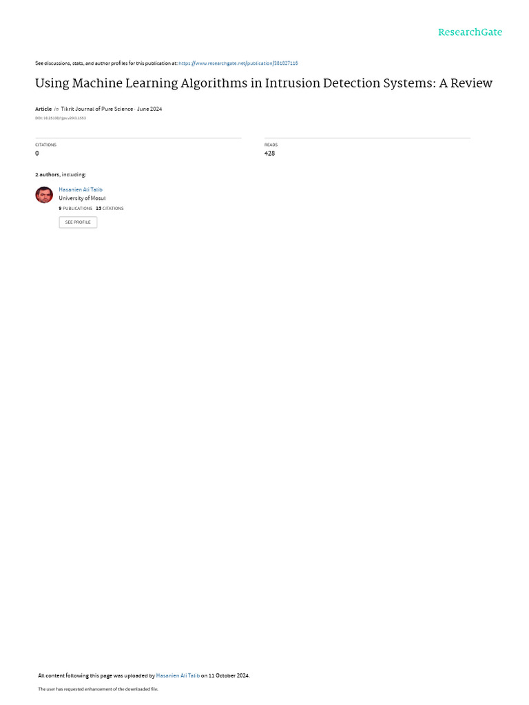 Using Machine Learning Algorithms in Intrusion Detection Systems: A Review | PDF | Machine ...