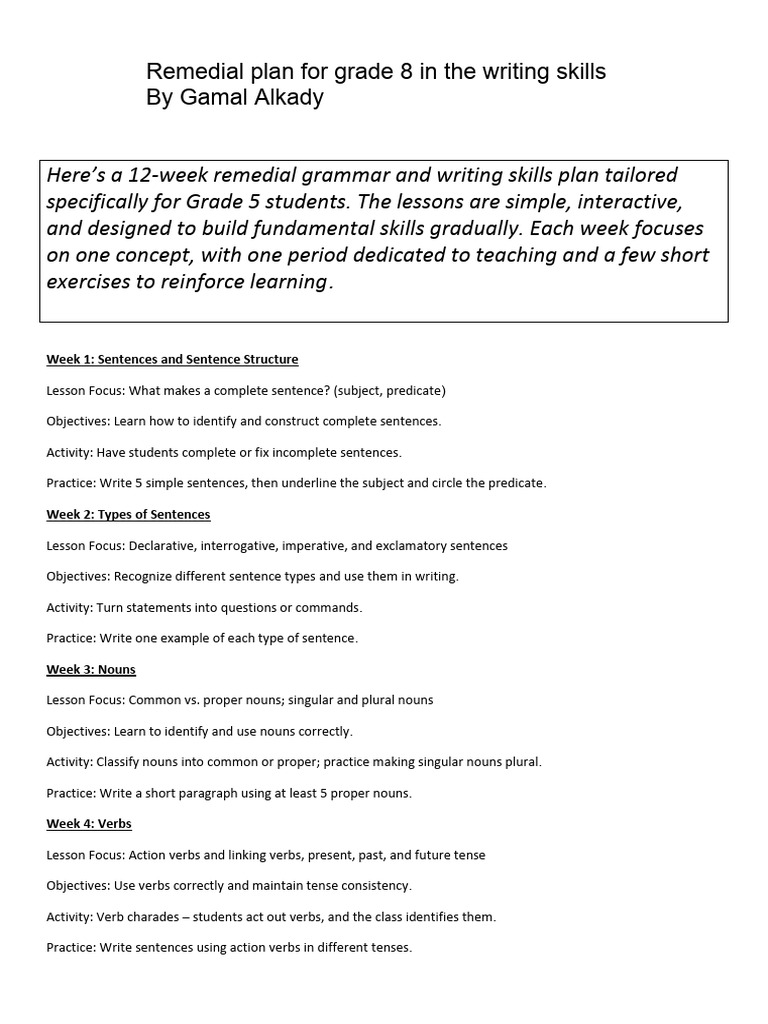 Remedial Plan For Grade 8 (1) Writing | PDF | Adjective | Verb