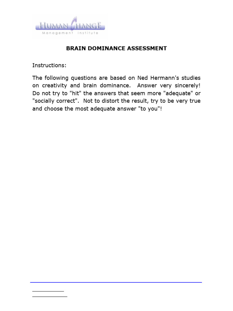 Brain Dominance Assessment | PDF | Creativity | Psychological Concepts