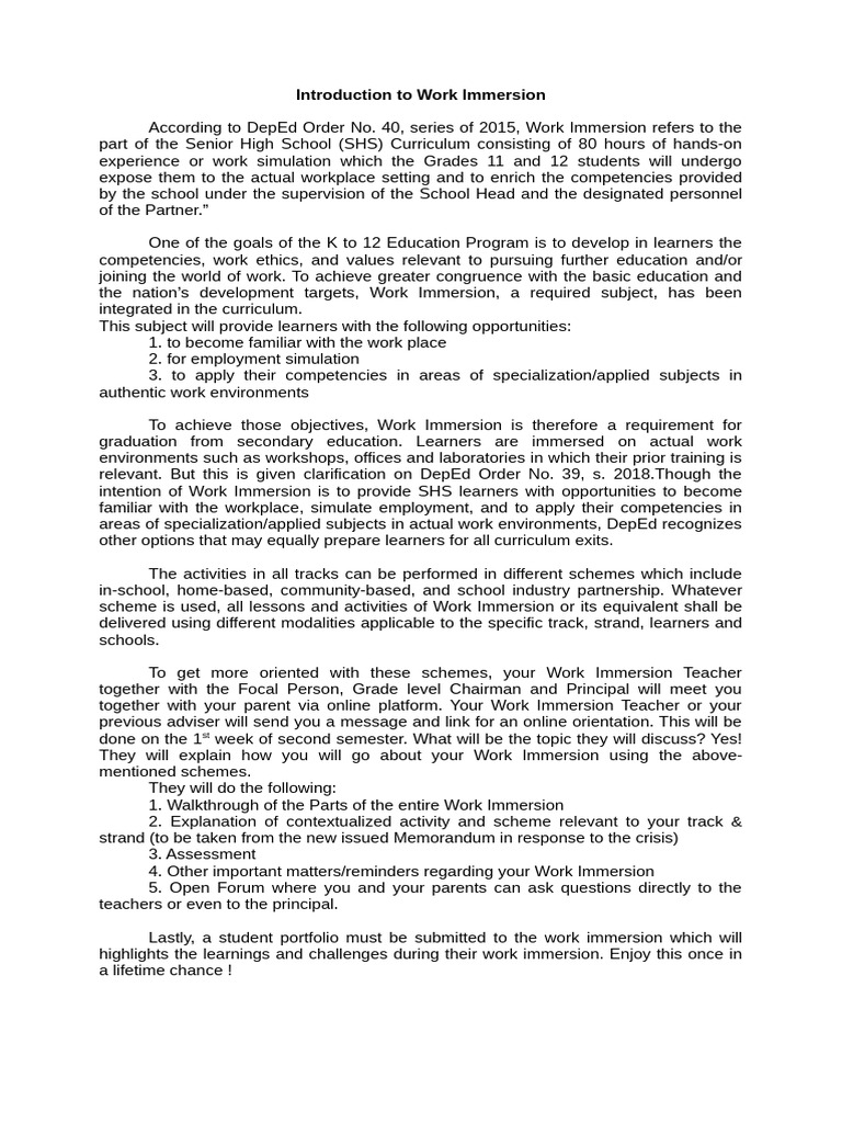 Introduction To Work Immersion - 094857 | PDF | Curriculum | Cognition