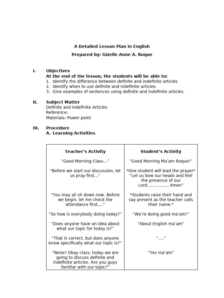 Lesson Plan: Definite and Indefinite Articles | PDF | Noun | Semantic Units