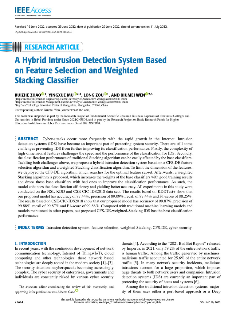 A Hybrid Intrusion Detection System Based On Feature Selection And Weighted Stacking Classifier