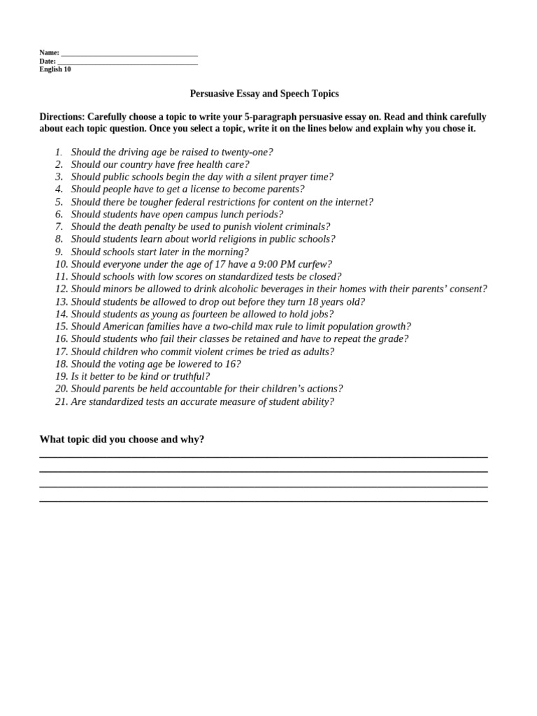 10th Grade Persuasive Essay Topics and Outline | PDF | Standardized ...