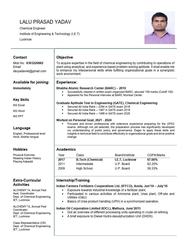 Chemical Engineer Resume & Experience | PDF