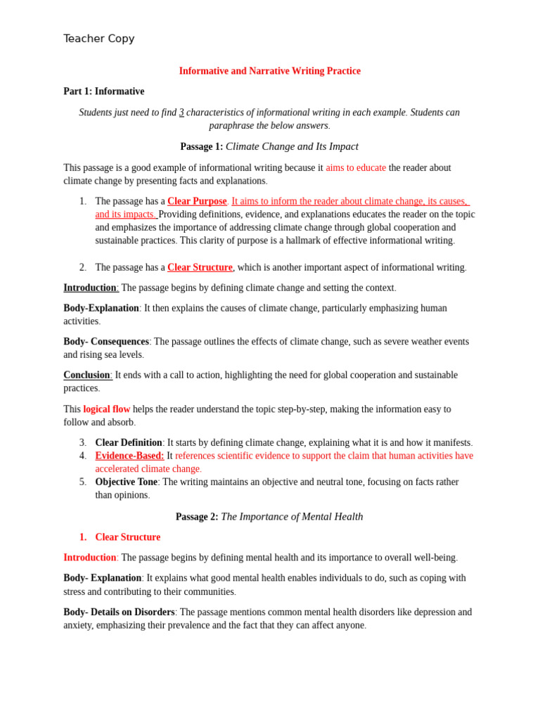 Informative and Narrative Writing Practice Teacher | PDF | Mental ...