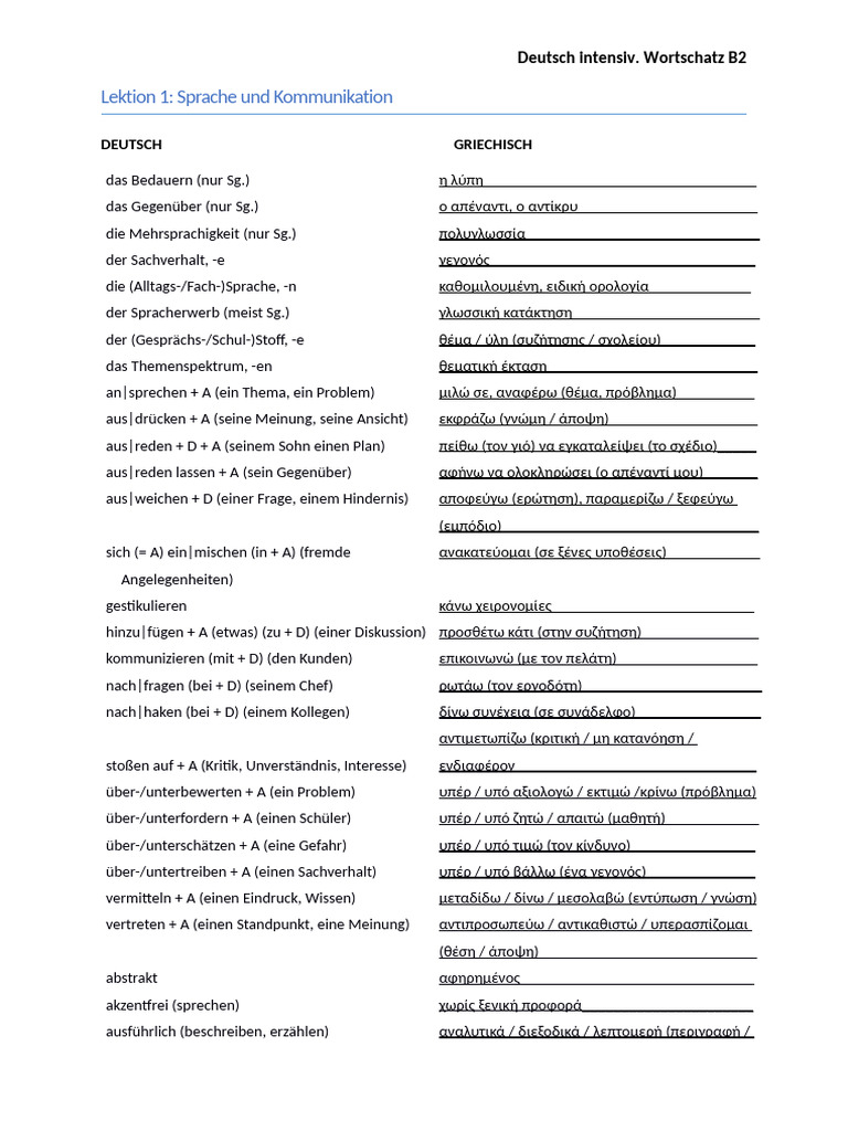 Deutsch Intensiv B2 Wortliste L1 | PDF