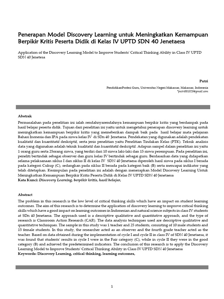 Artikel - Penerapan Model Discovery Learning Untuk Meningkatkan Kemampuan Berpikir Peserta Didik ...